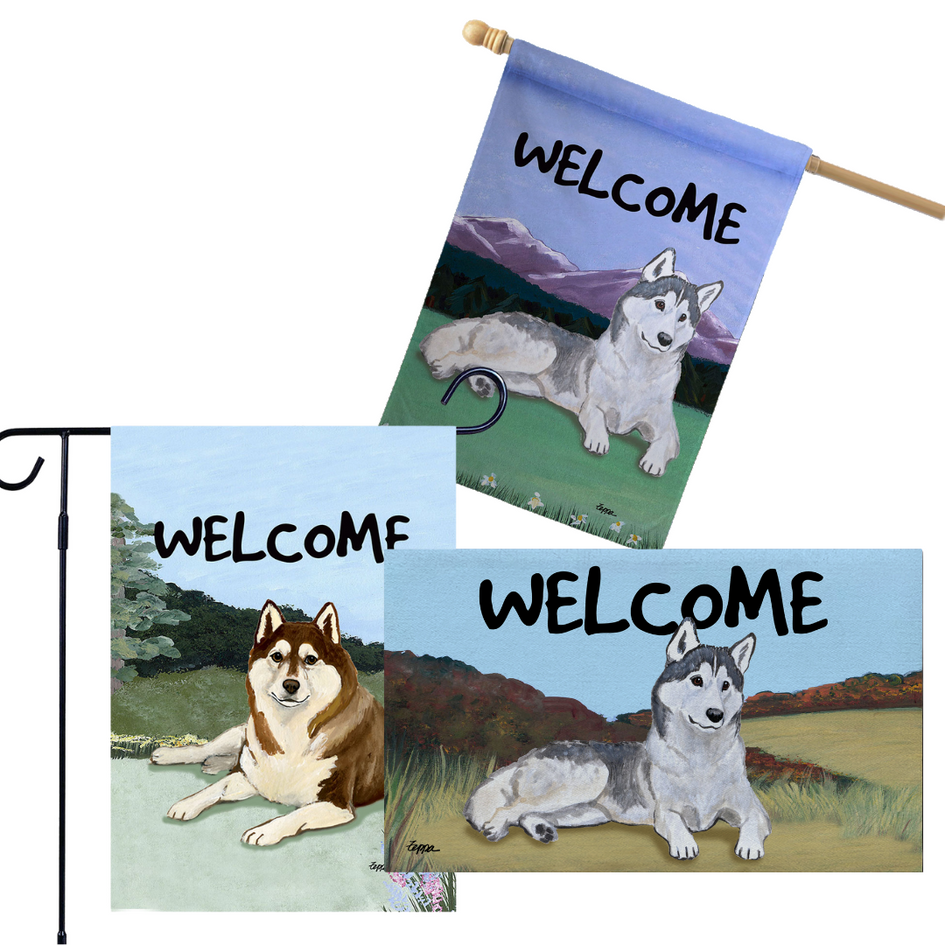 Siberian Husky 3 Piece Bundle - House Flag, Garden Flag, & Welcome Mat ...